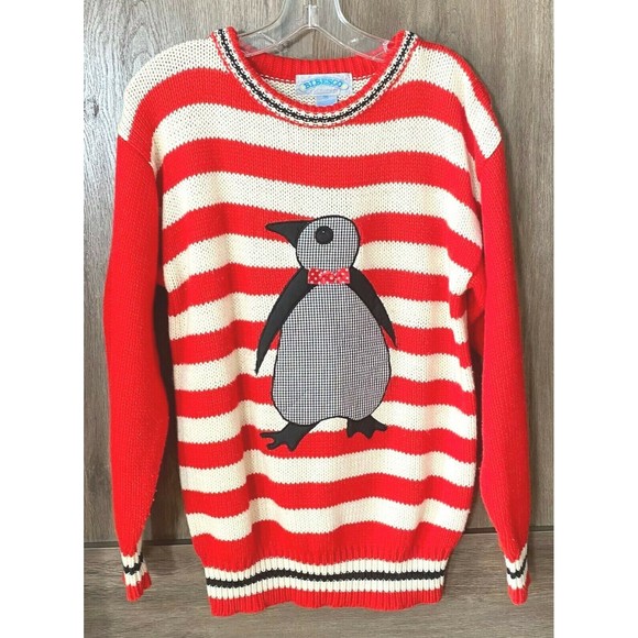 Bibesco | Sweaters | Vintage Bibesco Red White Striped Penguin Sweater ...